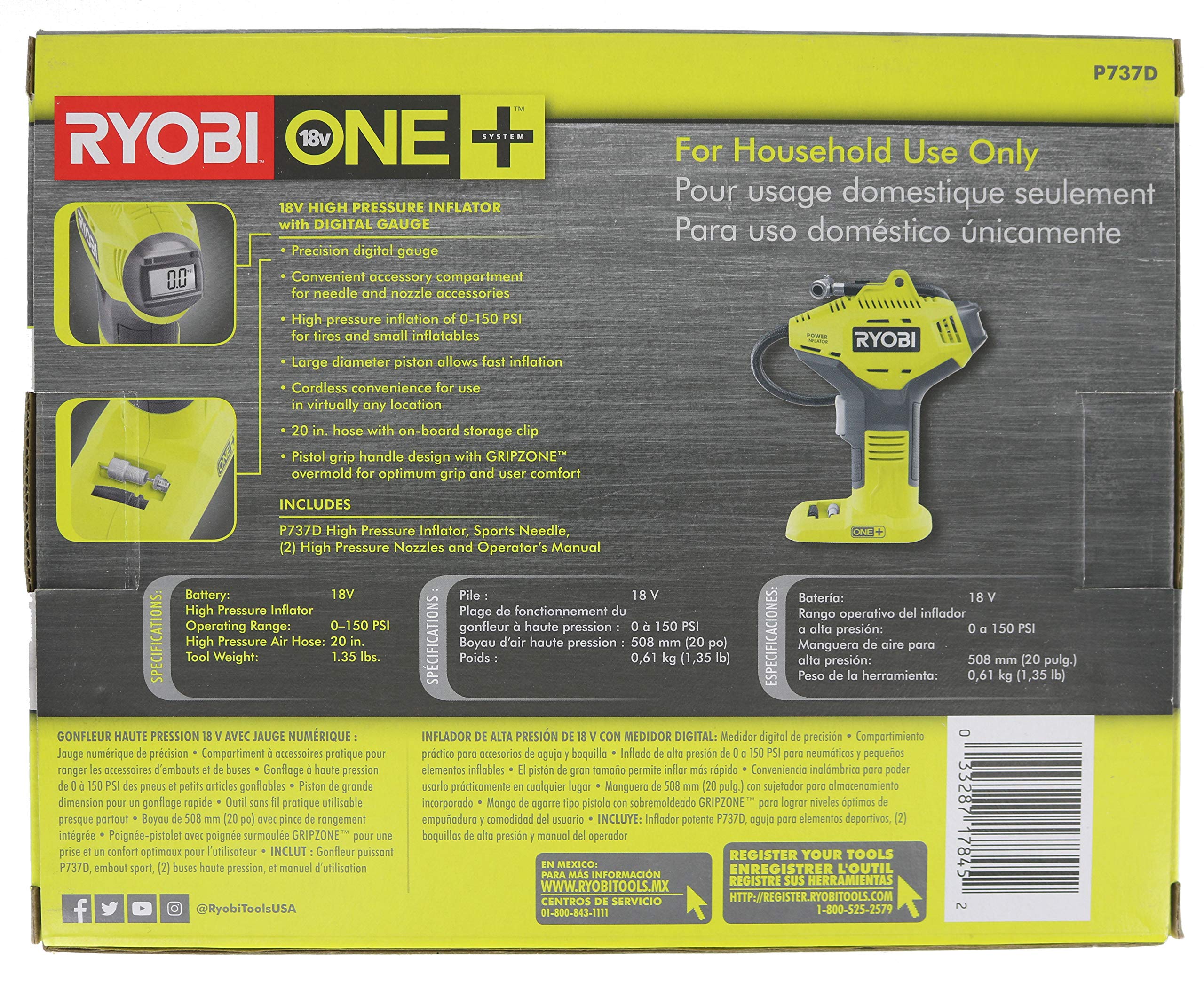 Portable Power Inflator for Tires [New Digital Gauge] [18-Volt] [Cordless] [ONE+ Battery System] [P737D] (Battery Not Included, Power Tool Only)
