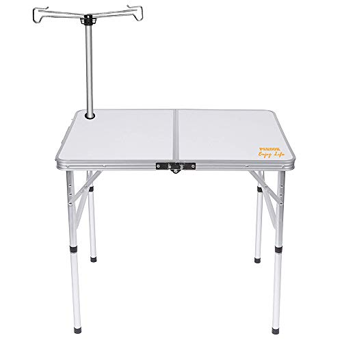 PSKOOK Folding Camping Table Picnic Table Perfect Size for Travel BBQ Beach Portable Lightweight Aluminum Folding Table (White w/Net&Pole, 70 * 50 * 64 cm)