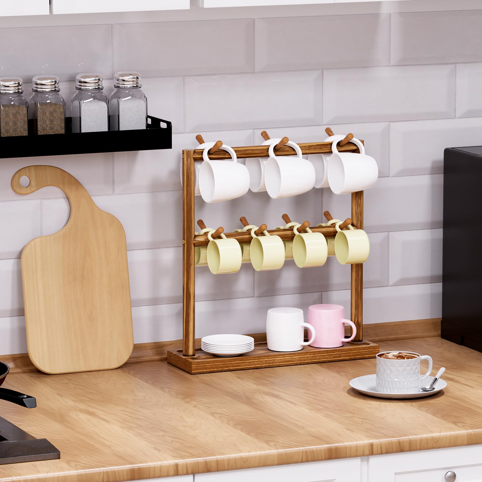 Puricon Mug Holder Coffee Cup Shelf for Counter, 2 Tier Wood Mug Tree Stand Organizer with 14 Sturdy Hooks and Storage Base, Double Sides Tea Cups Display Rack for Large and Small Mugs -Oak