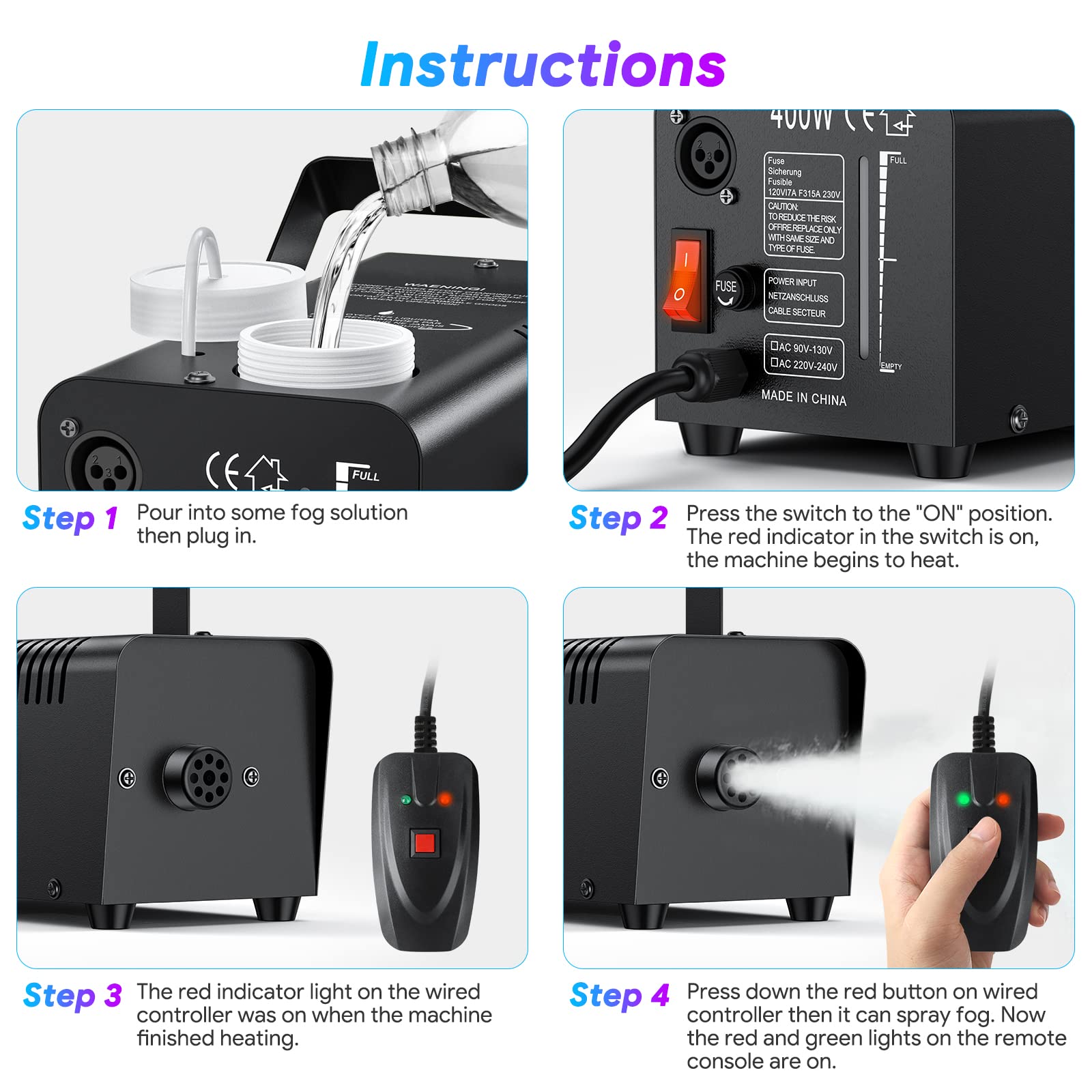 Transifun Fog Machine Outdoor with Wired Remote Control, Portable Smoke Machine 400W, One-Click Auto Spray Smoke Maker for Halloween Christmas Parties Weddings