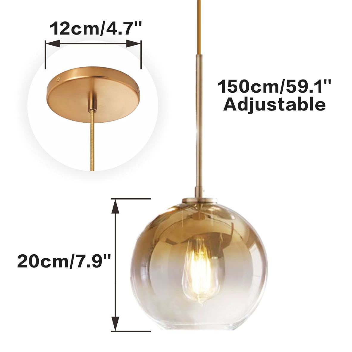 PULEE Modern Globe Pendant Light 1-Light Gradient Shade Glass Hanging Lamp Mid Century Hanging Light Fixture Adjustable Indoor Pendant Lamp for Dining Room Bedroom Kitchen (gold-20)