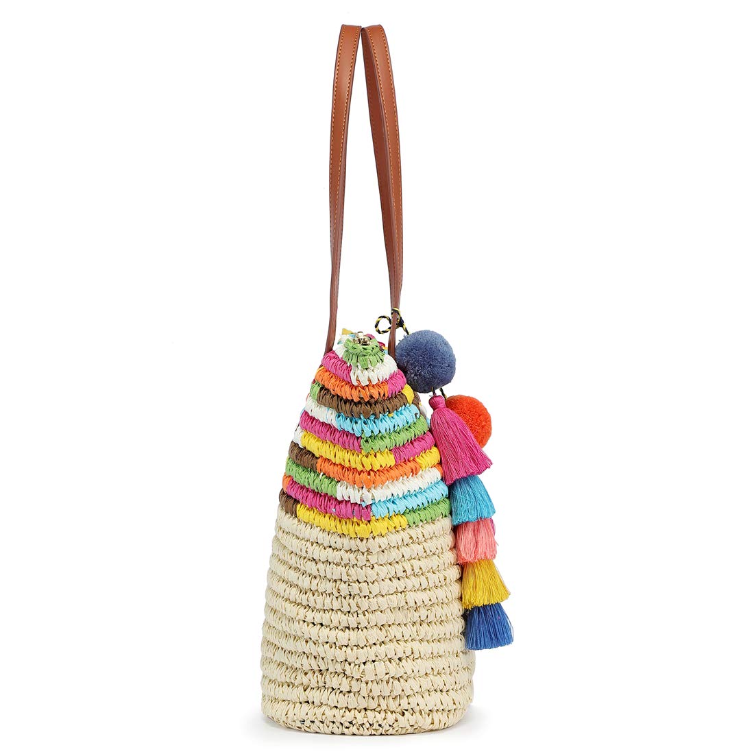 SkiPack Multi Color Summer Straw Zipper Tote Purse Large Beach Shoulder Bag with Pom Pom and Tassel (Beige)