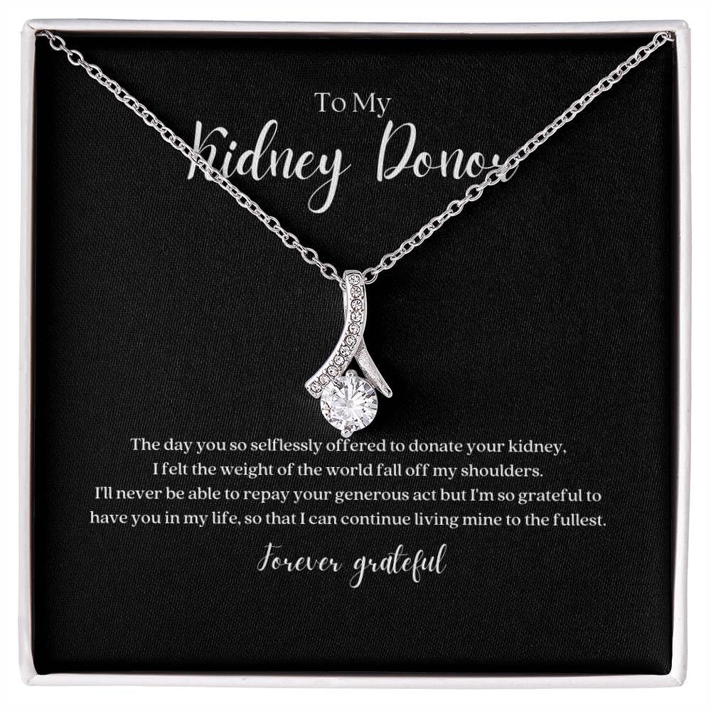 Transplant Gifts Kidney Donor Ribbon Pendant Gratitude Necklace with Message Card in Standard Two Tone Gift Box