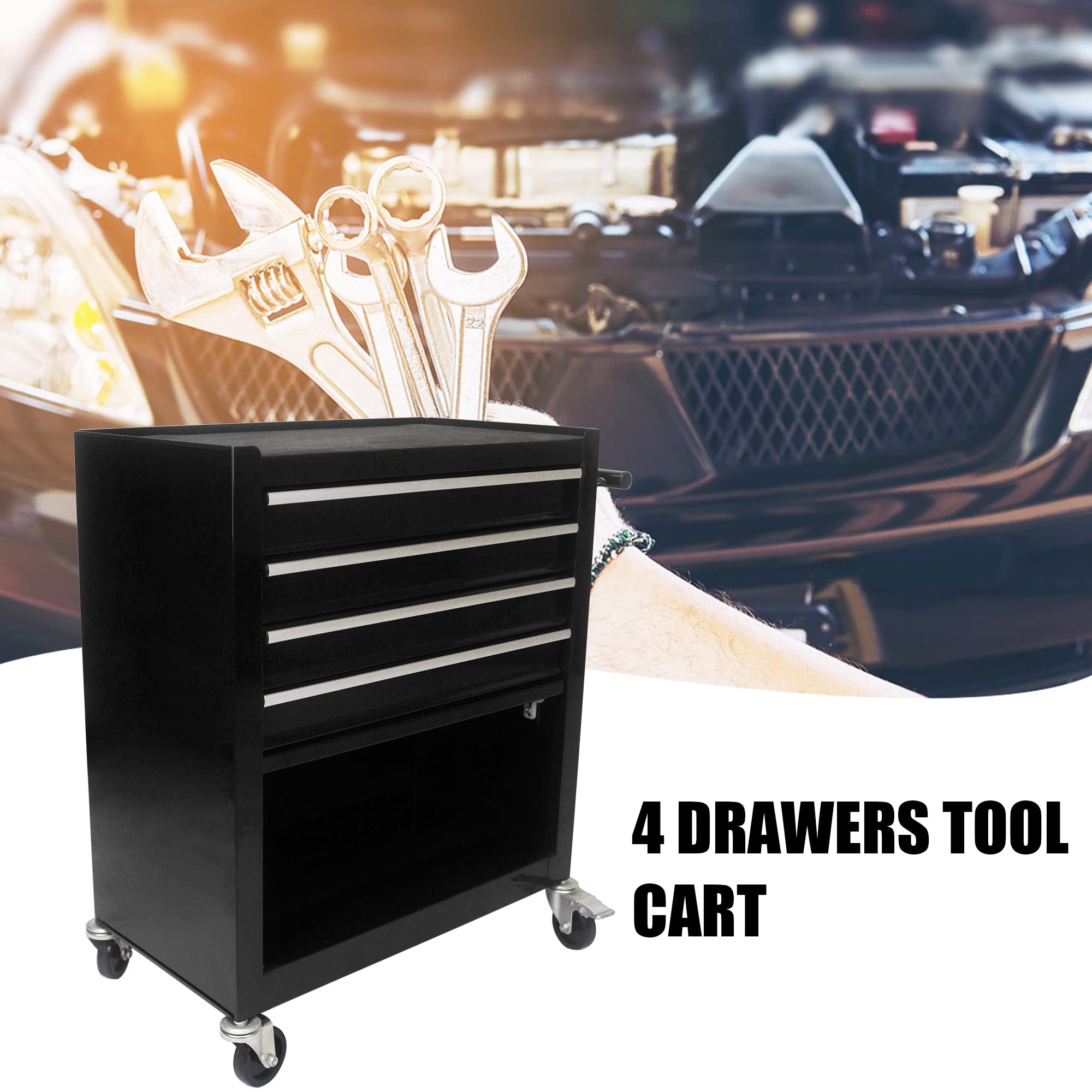 PULLAFUN 4 Drawers Tool Chest on Wheels, Rolling Tool Box Tool Storage, Multifunctional Tool Cart for Workshop Garage Warehouse Repair Shop