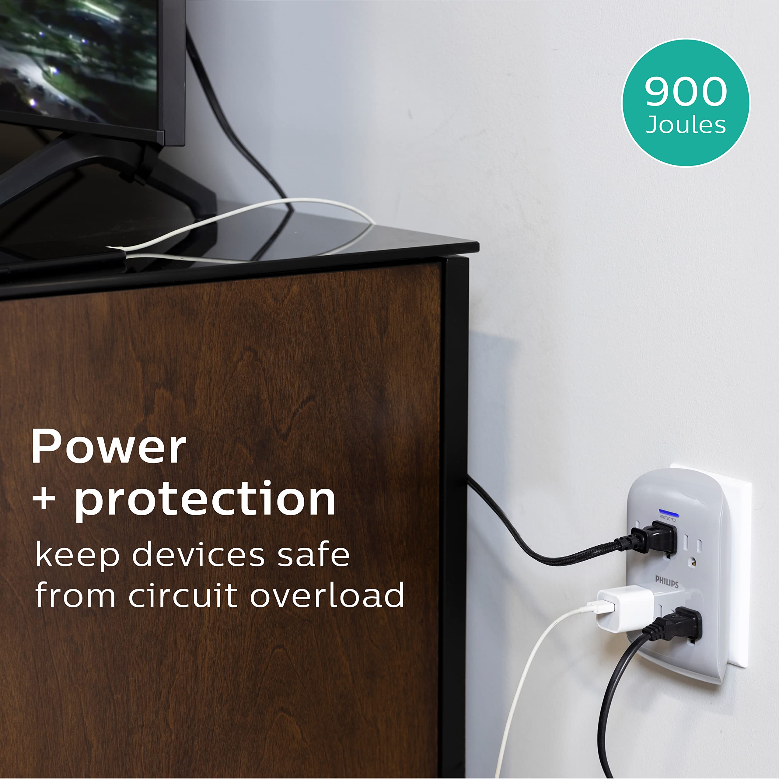 Philips 6-Outlet Extender Surge Protector, 900 Joules, 3-Prong, Space Saving Design, Protection Indicator LED Light, 4 Pack, Grey, SPP3469GR/37