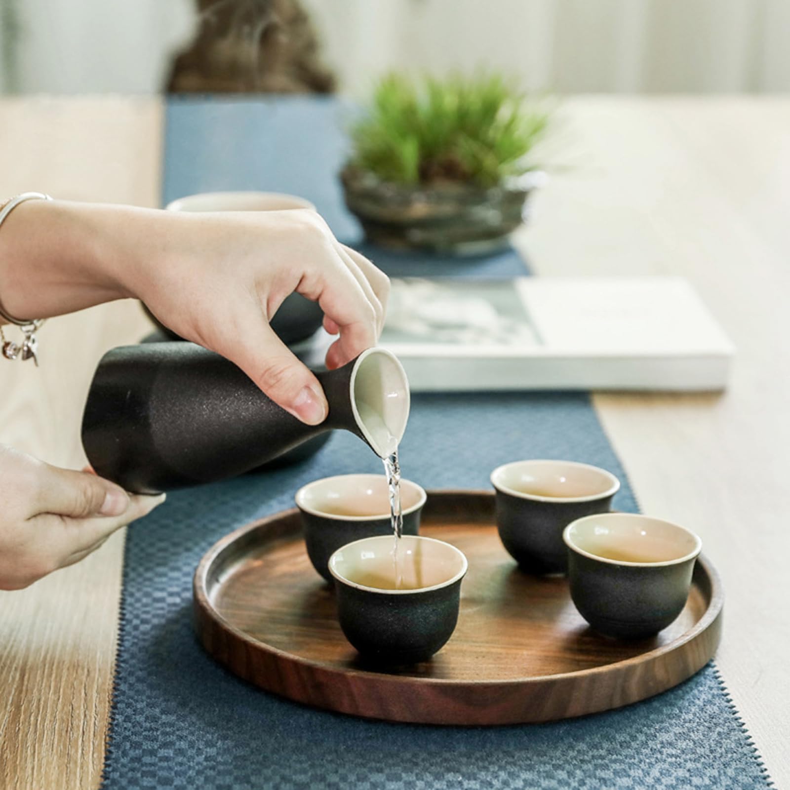 Tosnail 7 Pieces Ceramic Japanese Sake Set with Warmer, Hot Saki Set - Black
