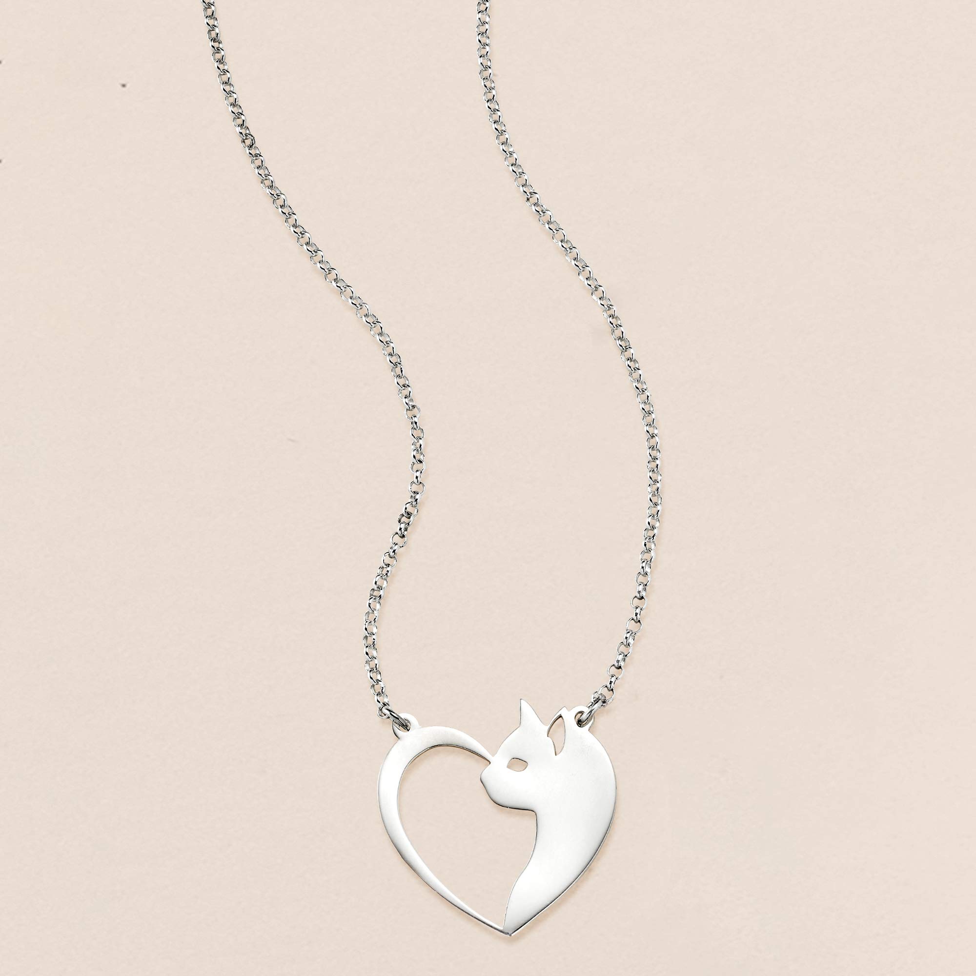 Ross-Simons Sterling Silver Cat and Heart Necklace. 18 inches