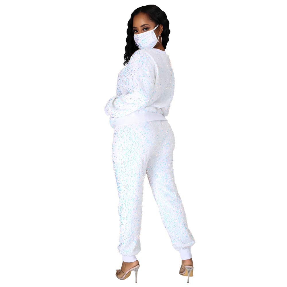 THLAI Women Plus Size 2 Piece Outfits Glitter Sequins Sweatshirt and Pants Set Metallic Shiny Clubwear with Mask S-5XL