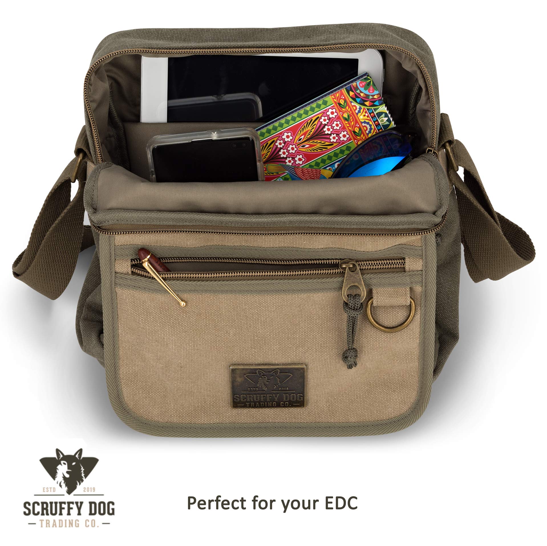 SCRUFFY DOG Canvas Messenger Bag for Men and Women with Adjustable Strap - Crossbody Satchel Small 11 inch, Khaki