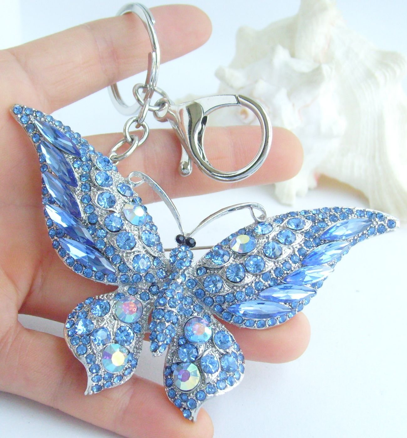 Sindary Pretty Butterfly Keychain Pendant Austrian Crystal K4538 (Silver-Tone Blue)