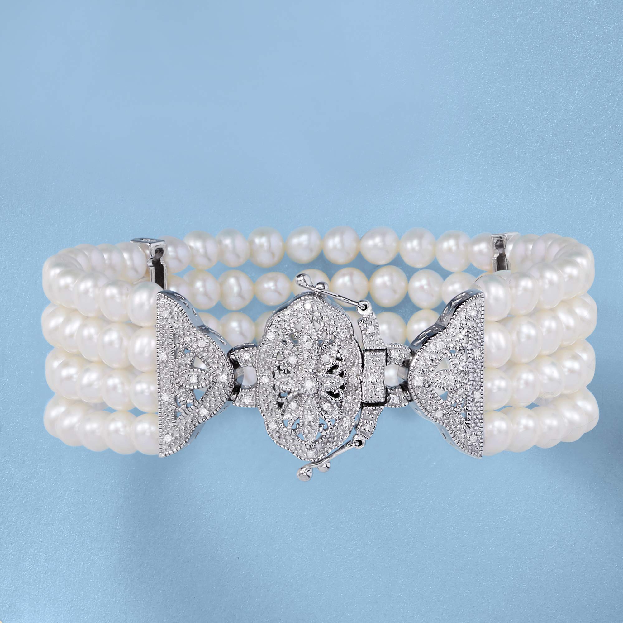 Ross-Simons 4.5-5mm Cultured Pearl and .15 ct. t.w. Diamond Multi-Strand Bracelet in Sterling Silver. 7 inches