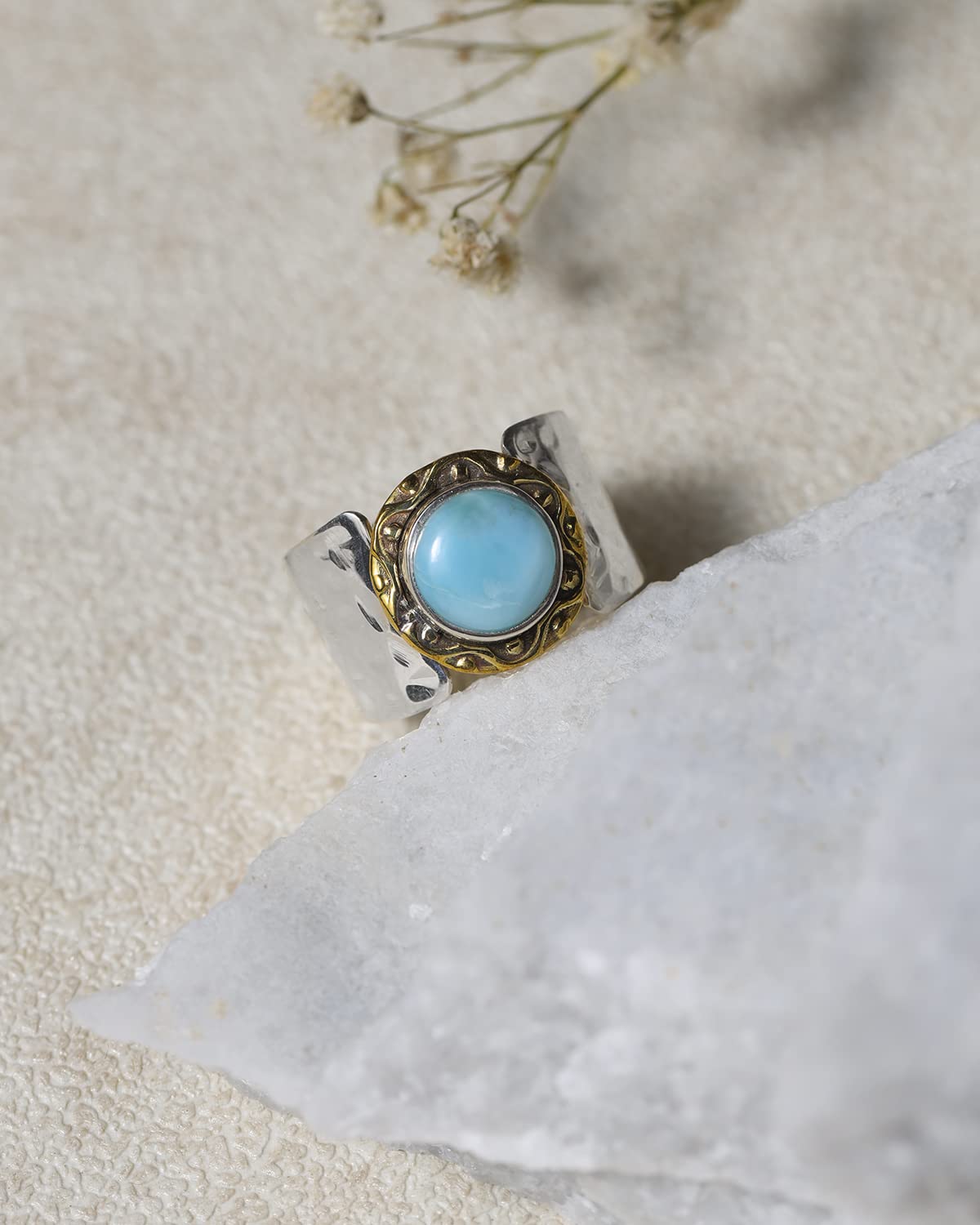 YoTreasure Natural Larimar Solid 925 Sterling Silver Brass Wide Band Bold Ring