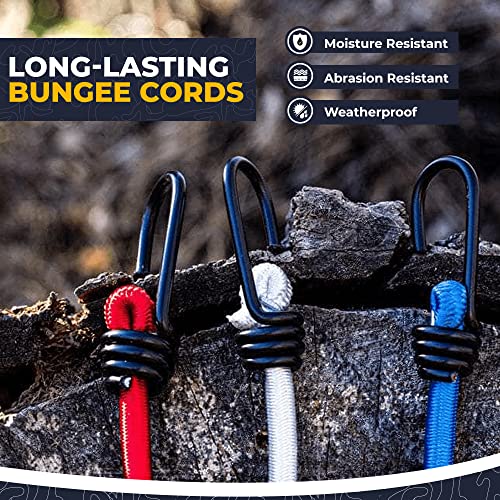 SGT KNOTS - Bungee Cord with Hooks | Marine Grade Shock Cord with 2 Hooks - Heavy Duty Elastic Cord - Bunjie Cords Strap - Bungees for Tie Downs, Camping, & Cars (24 in - Black, 4Pack)