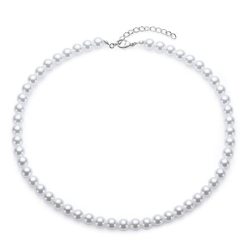White Round Pearl Bead String Necklace for Men and Women - Imitation Pearl Choker Necklace Pearl Necklace White (8mm)