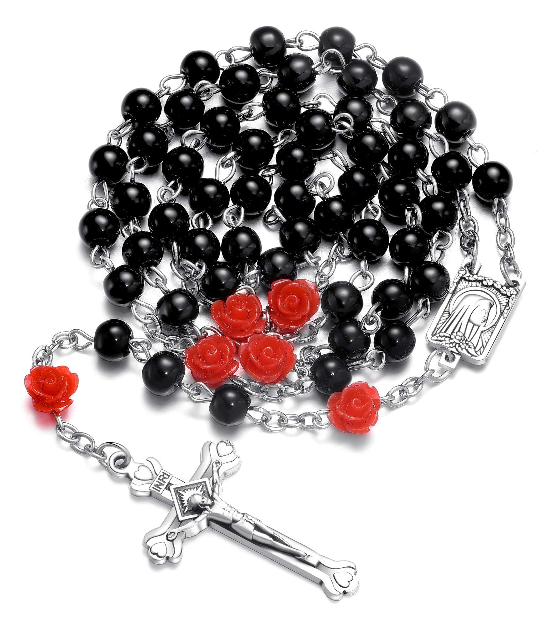 Pearl Rose Beads Rosary Catholic Necklace Holy Soil Medal Cross Crucifix-6 Packs