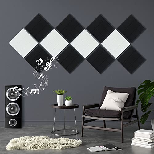 Troystudio Thickened Acoustic Panels Self-adhesive - 12 X 12 X 0.5 Inches 12 Pack Grid Sound Absorbing Panel, Recording Studio Acoustical Treatments Soundproof Wall Panels