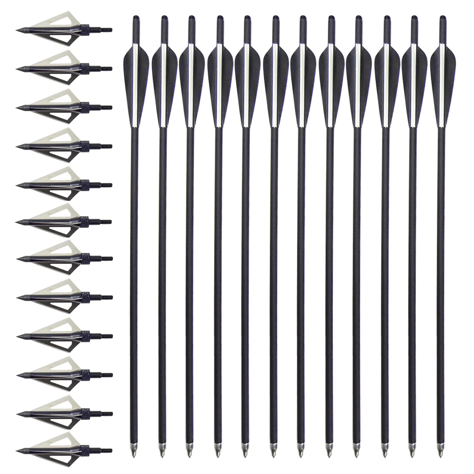 VNAKER 20 Inch Carbon Crossbow Bolts 12 Pack and Hunting Broadheads 12 Pack, Carbon Crossbow Arrows for Hunting and Outdoor Practice(Black)