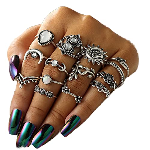 VESOCOZGSZ Vintage Boho Gold Silver Rings Set Craved Rings Set Joint Knuckle Ring Set Finger Rings Stackable Retro Mid Rings for Women and Girls (style 11)