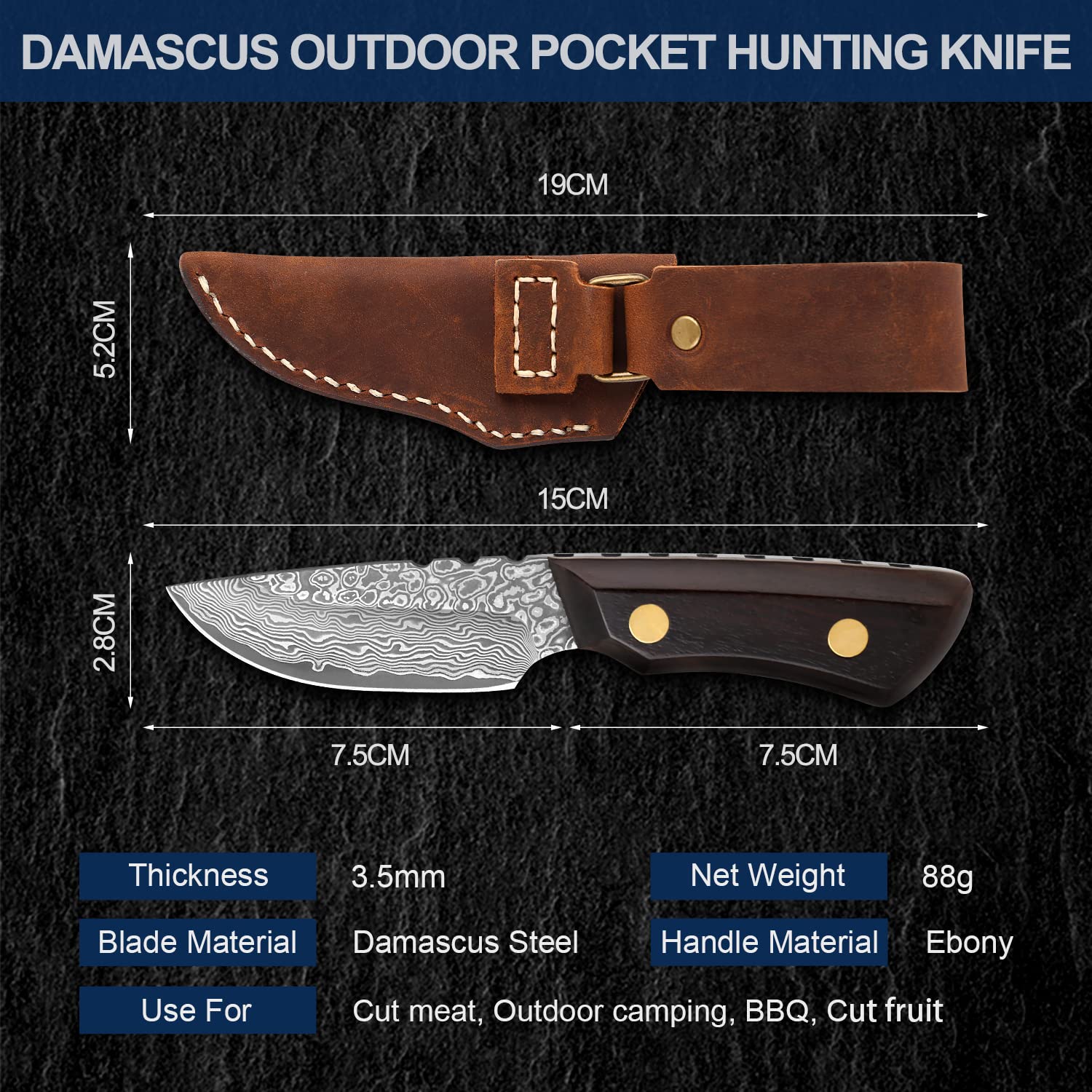 XITUO Damascus Bushcraft Knife, Hunting Knife - Handmade Survival Knife, forged Fixed Blade Knife, 5.5'β EDC Camping Knife for Men | Fixed Blade with Ebony Wood Handle Leather Sheath