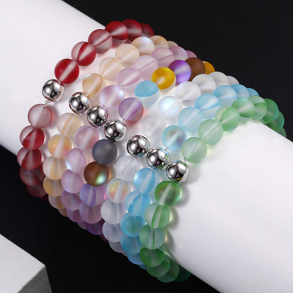 SUMMER LOVE 8MM Mystic Mermaid Glass Beaded Stretch Bracelet Shimmer Beads Glowing Aura Charm Beaded Couples Bracelets for Women
