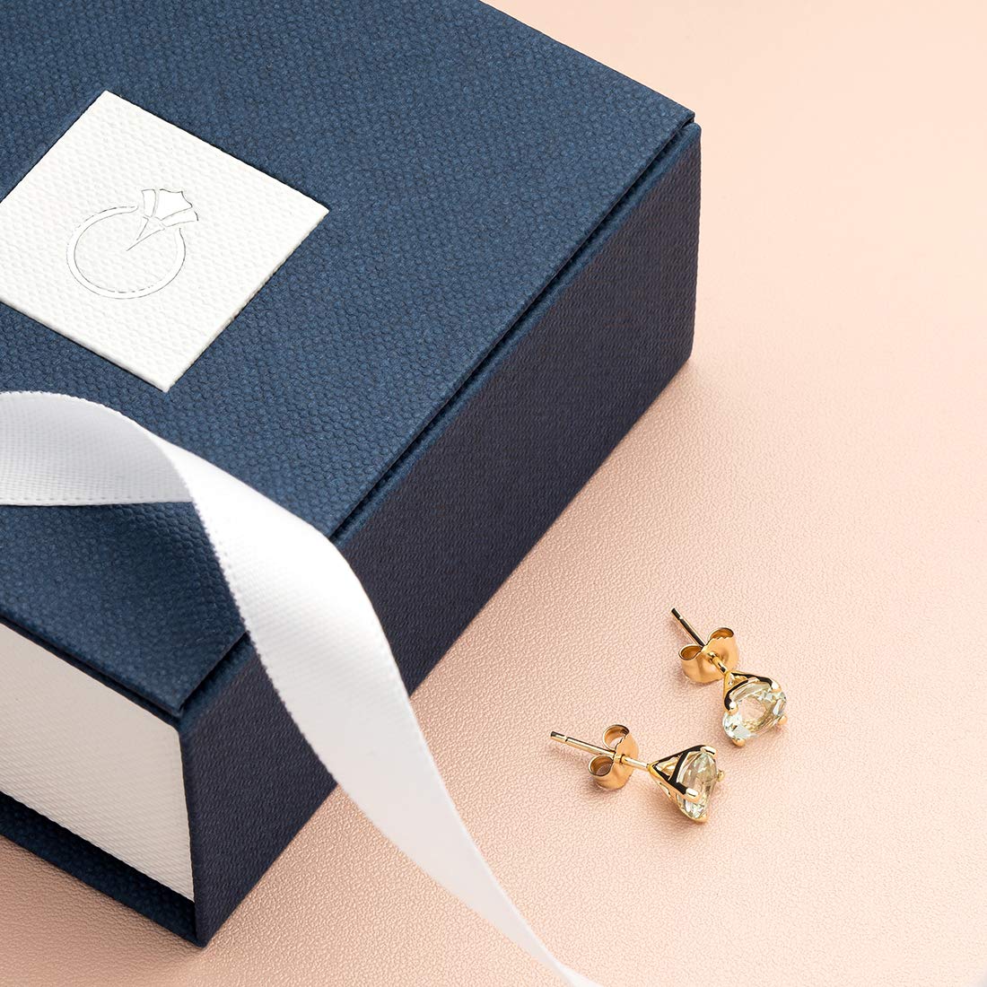 Peora 14K Yellow Gold Green Amethyst Stud Earrings for Women, Genuine Gemstone Birthstone, Round Shape, 6mm, 1.50 Carats total, Friction Back