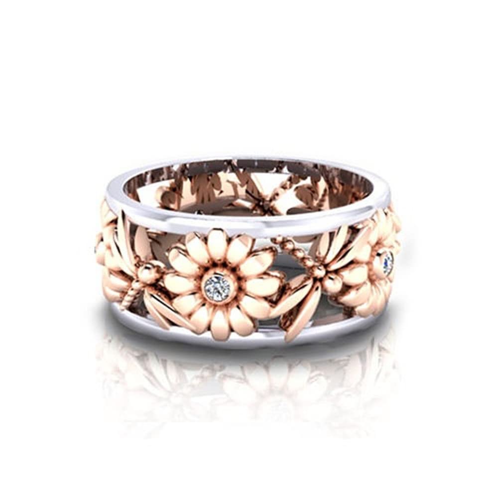 WANMEIL Vintage Silver Rings Women's Elegant Sunflower Dragonfly Hollow Finger Ring Band Jewelry Cubic Zirconia Ring with Side Stone Copper Leaf Eternity Band 【US Code 6-10】 (7)