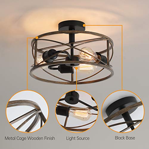 PUSU Ceiling Light Fixture,Industrial Semi Flush Mount Ceiling Light with Metal Wooden Cage and Matte Black Ceiling Lights for Living Room Kitchen Dining Room Bedroom Hallway