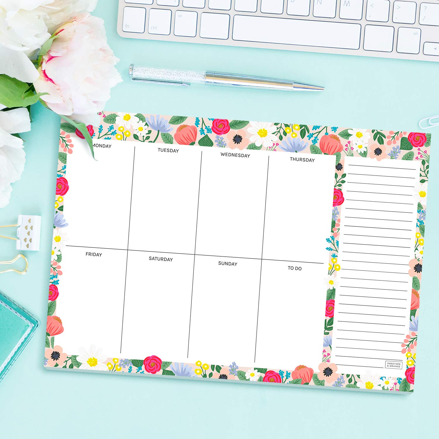 Sweetzer & Orange Floral Weekly Planner Notepad with Daily Planner Agenda Squares. 7x10" Day Planner 2024 - Student Planner, Work Planner and Checklist Pad