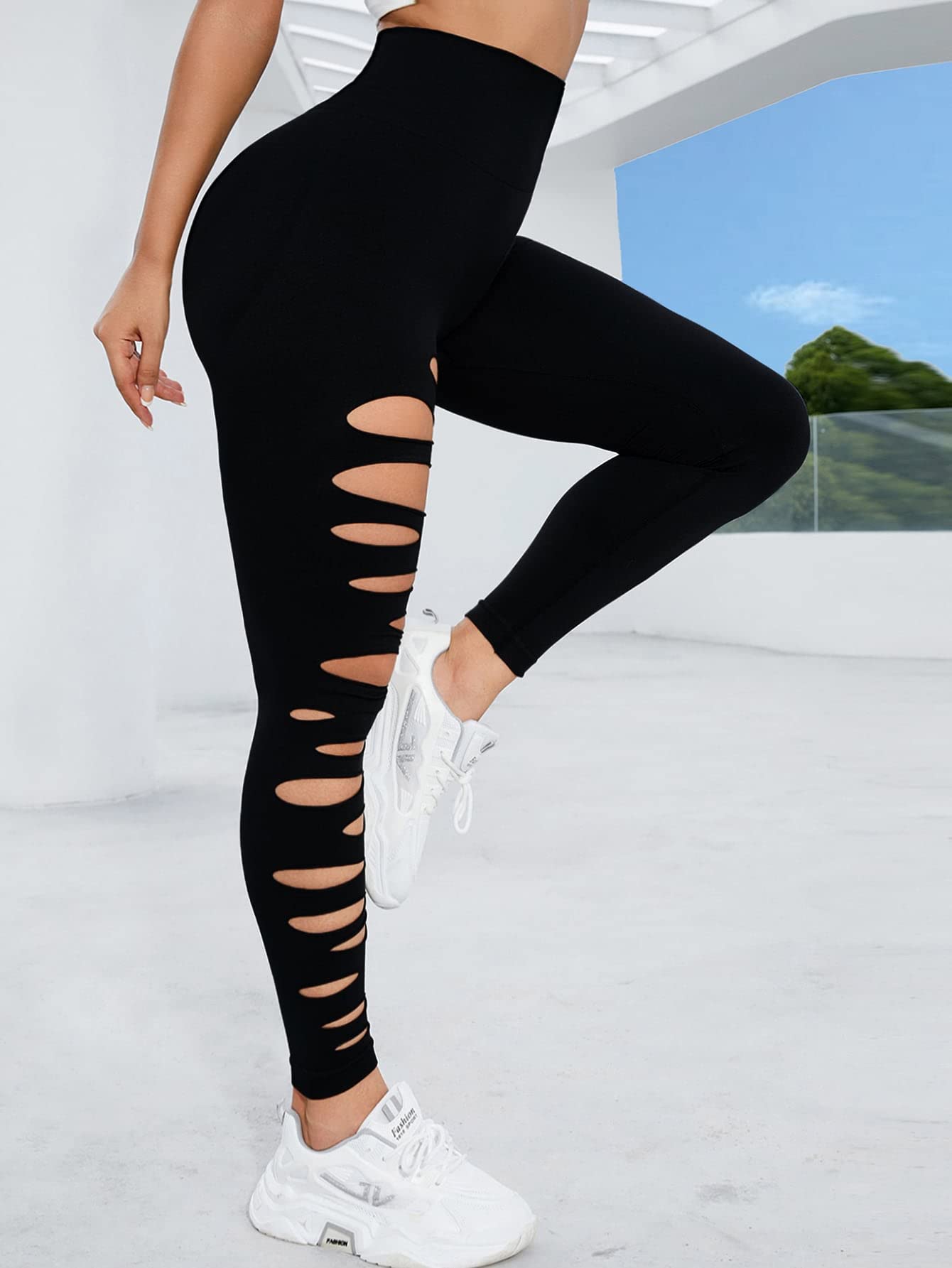 SweatyRocks Women's Legging Mesh Insert Ripped Tights Yoga Slim Pants Black Cutout S