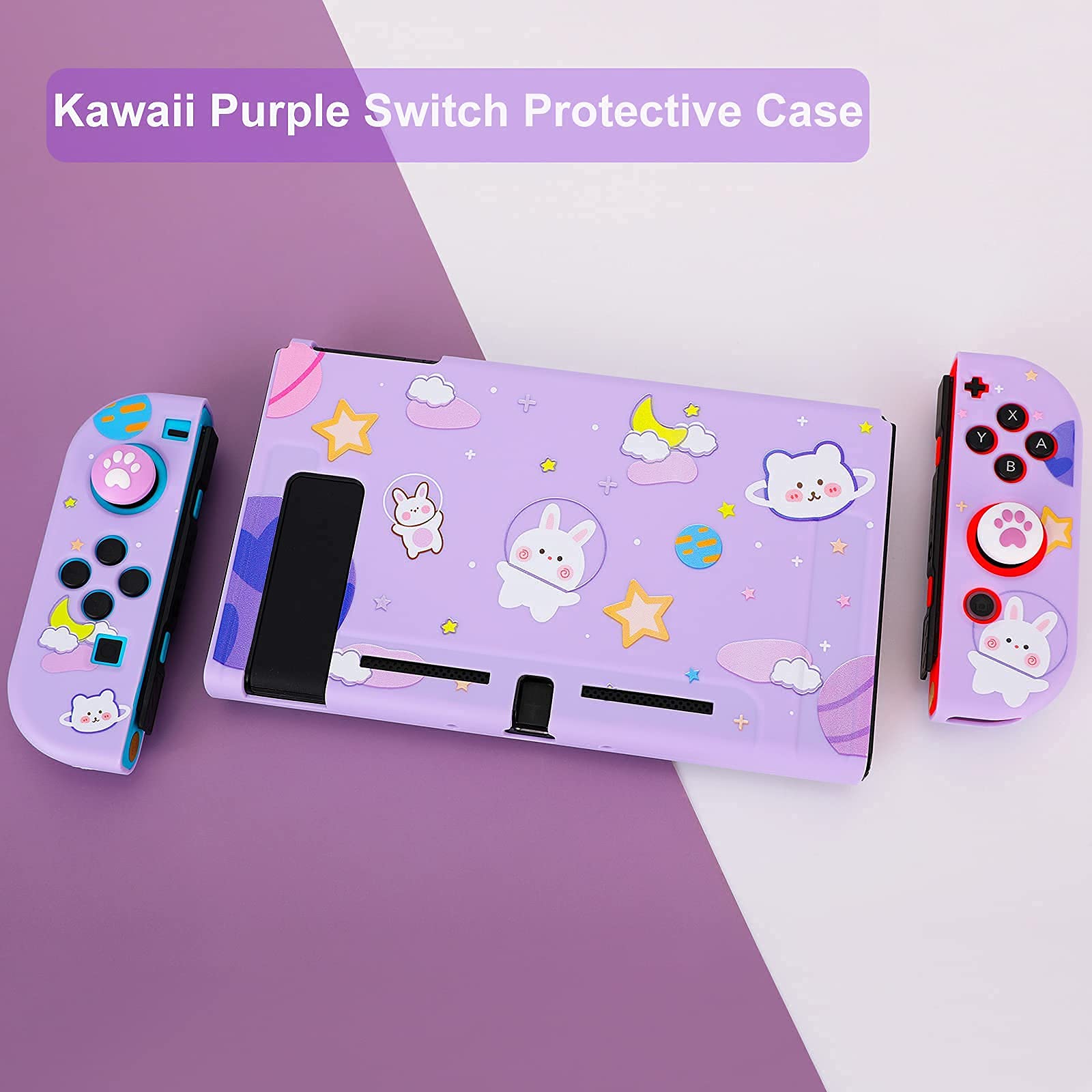 Tscope Cute Protective Cover for Nintendo Switch, Dockable Soft Shell Shockproof Case Joy Con Skin with Space Bunny Pattern, & Thumb Caps, Anti-Scratch
