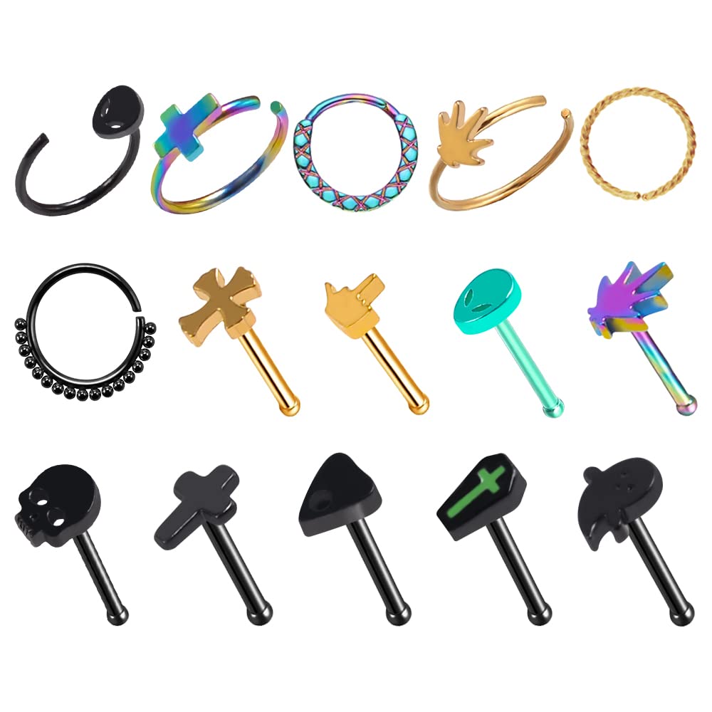 WASOLIE Stainless Steel Nose Rings Studs Piercing Jewelry Colorful Set Septum 20G For Women And Men Jewelry.