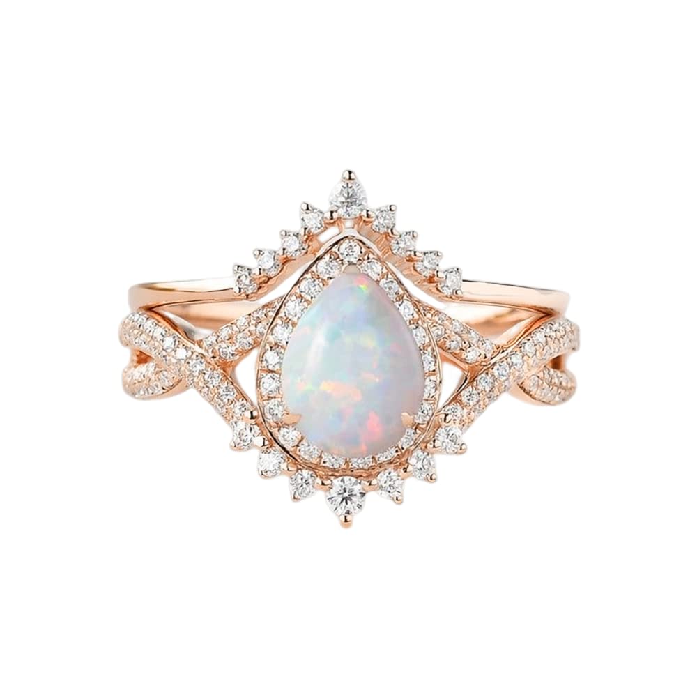 YDD 18k Rose Gold 1.5ct Pear Shaped Opal Engagement Rings for Women Opal & Moissanite Bridal Set Vintage Halo Infinity Ring Set 2pcs Inspired V Shaped Wedding Band Anniversary Free Engraved