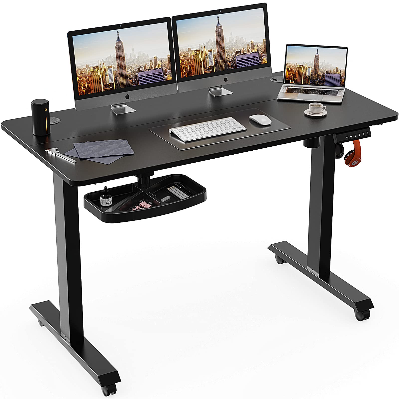 PUTORSEN Electric Height Adjustable Standing Desk, 48 x 24 Inches Sit Stand Home Office Table with Splice Board, Black Frame/Black Top Stand Up Computer Desk with Memory Preset Controller