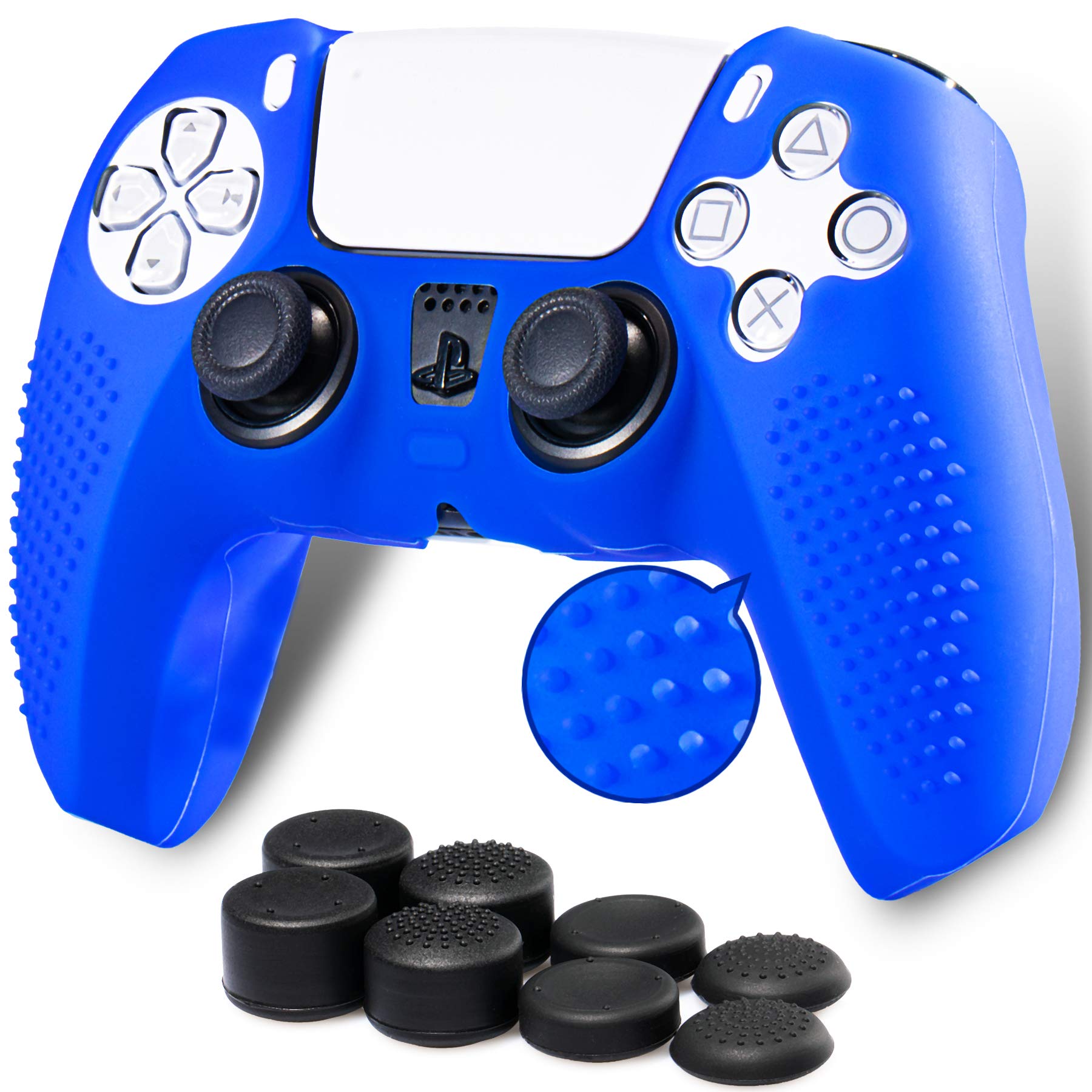 Playrealm Soft 3D Dots Silicone Skin Cover x 1 & Thumb Grips x 8 for PS5 Dualsenese Controller (Blue)