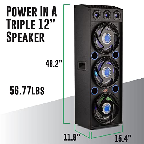 QFX SBX-412300BT TWS Bluetooth Triple 12β Woofer Triple 1β Tweeter Recording High-Performance PA Cabinet Speaker with 10-Band Graphic EQ, 2 Microphone Inputs, Guitar Input, and AUX Input, Blue