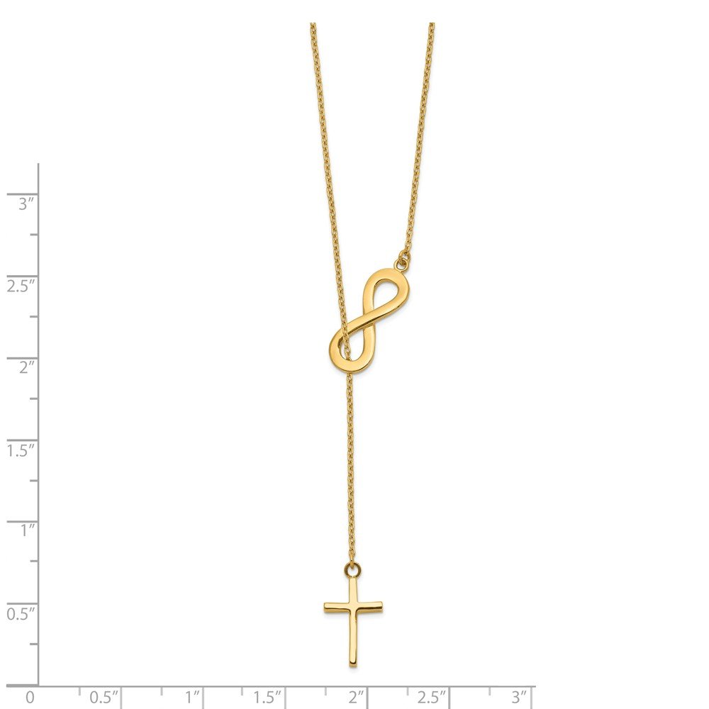 Solid 14k Yellow Gold Infinity Love Knot Symbol and Cross Lariat Necklace Chain - with Secure Lobster Lock Clasp 18" (Width = 0mm)