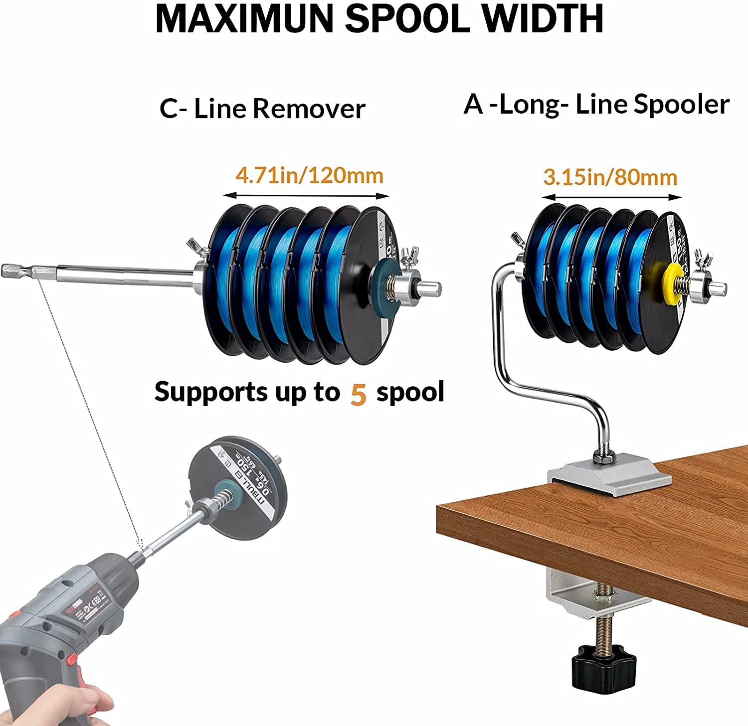 THKFISH Fishing Line Spooler Fishing Line Winder Spooler Fishing Accessories Adjustable Stable Portable Fishing Line Spooler with Clamp B-Long Line Spooler + C-Line Remover