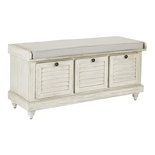 OSP Home Furnishings Dover Coastal Lift-Top Storage Bench with Shutter Face Styling and Cushion, White Wash