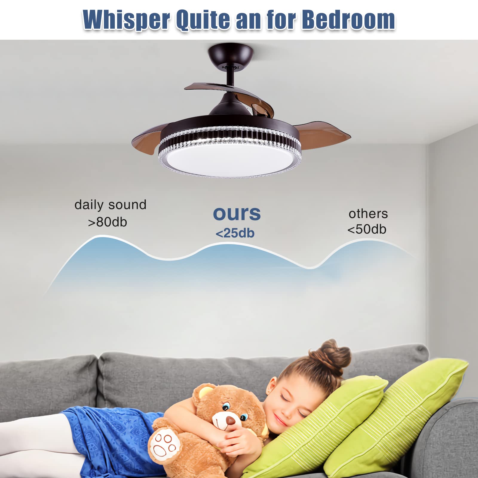 TAOBITAN 42inches Retractable Blade Ceiling Fan with Light and Remote Control with Retractable BladesBlack Ceiling fan with Reversible Motor, 6 Speeds, 3 Light Color, 4 Timing for Living Room Bedroom