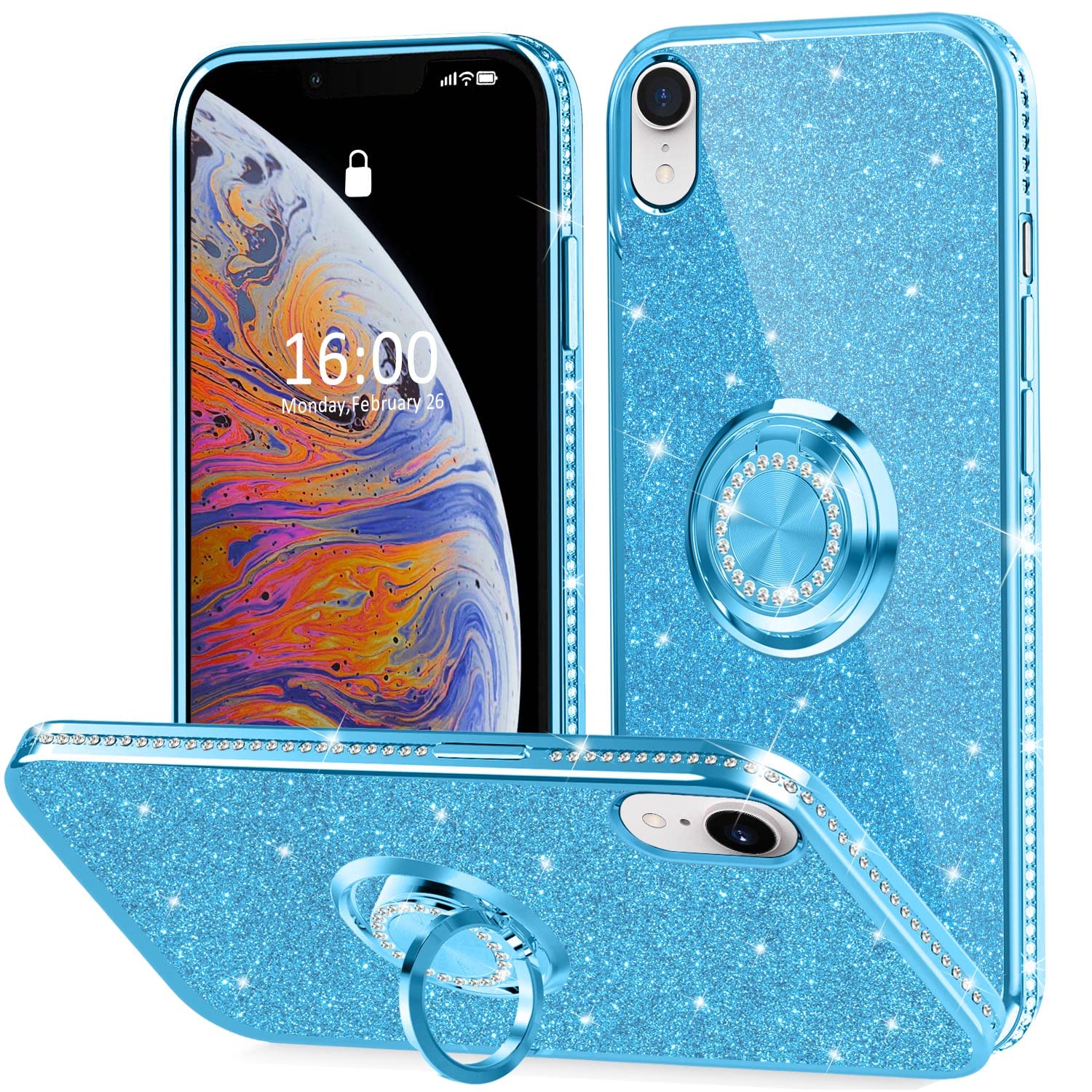 Thomo Compatible with iPhone XR Glitter Case 6.1 Inch, Slim Shockproof Cute Diamond Phone Case with Ring Holder Bling iPhone XR Case for Women Girls-Purple