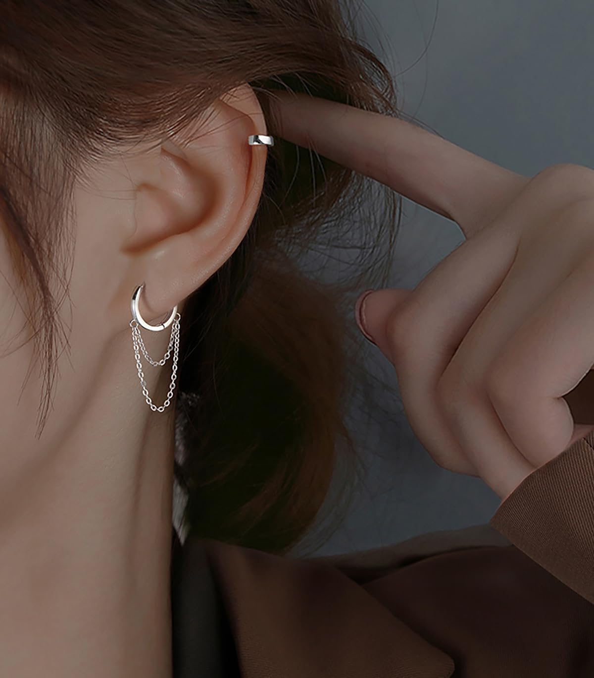 Reffeer 925 Sterling Silver Tassel Chain Drop Dangle Small Hoop Earrings Huggie for Women Teen (Silver)