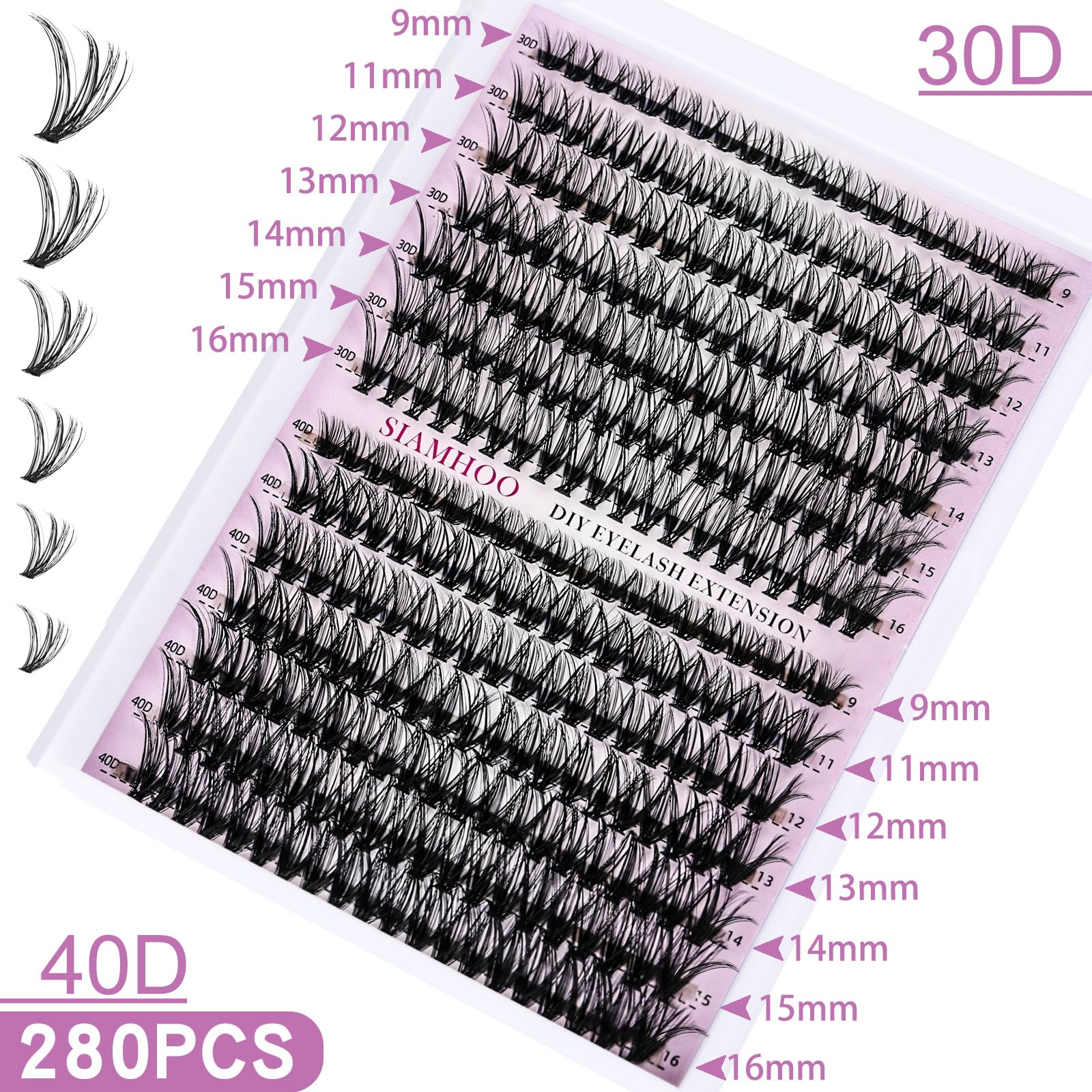 SIAMHOO DIY Lash Extension Clusters 280pcs Individual Wispy Lash Clusters D Curl 0.07mm 30D+40D Mixed Eyelash Bundle, Natural Eye Lash Clusters for Self Application at Home(30D+ 40D-0.07D-9-16Mix)