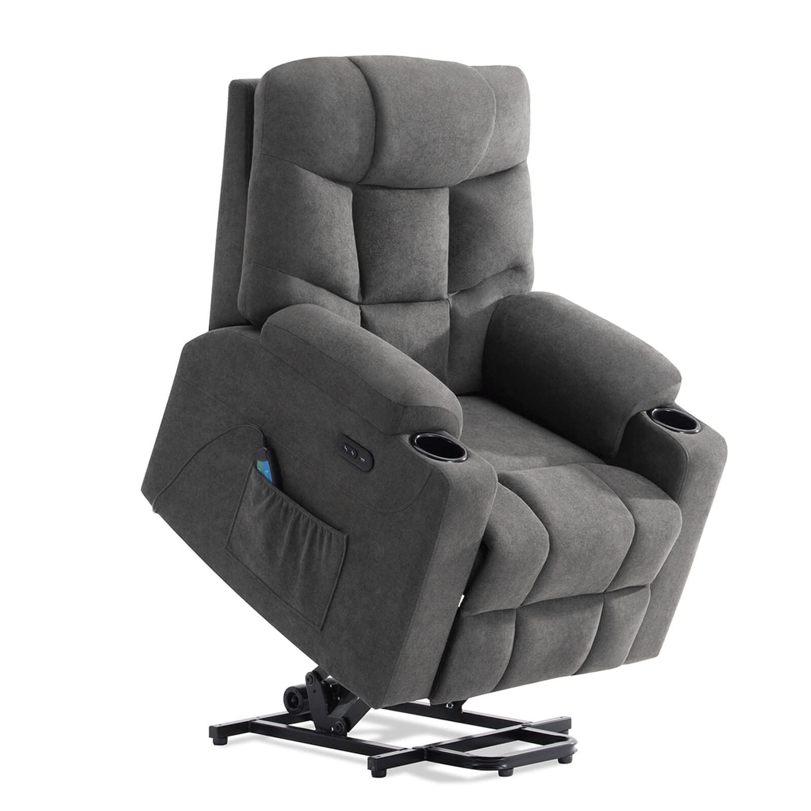Patiowel Power Lift Recliner Chair Sofa for Elderly Heated Vibration Massage,Electric Fabric Recliner with Cup Holders, Side Pocket, Remote Control, USB Charge Port (Gray)