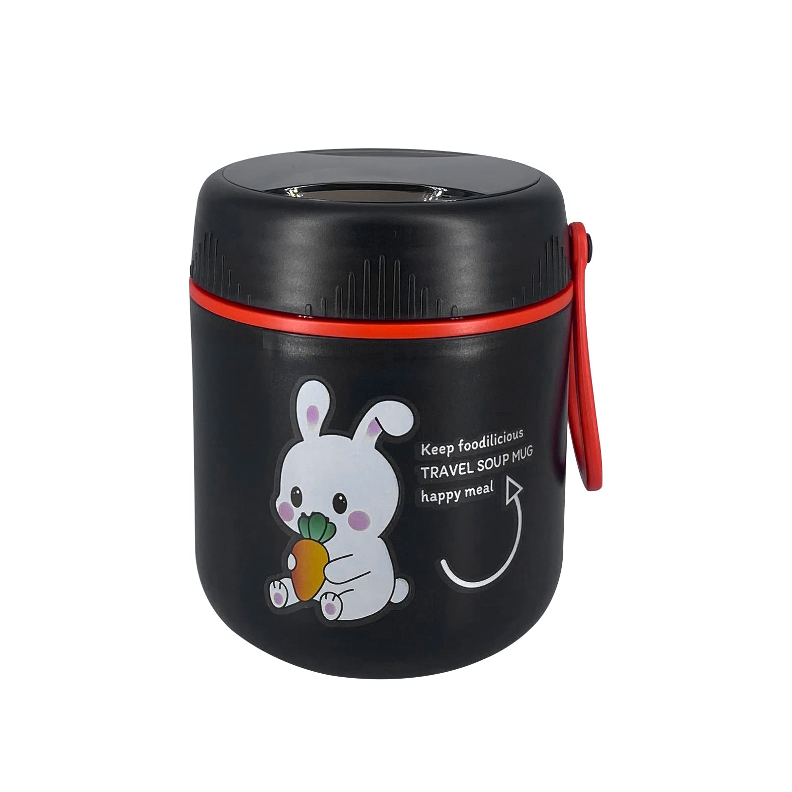 Yanglonghui Thermos with Foldable Spoon, Stainless Steel Thermal Food Container Soup Cup Leak Proof Insulated Lunch Box Hot Cold Food for Office Picnic Travel (Black)