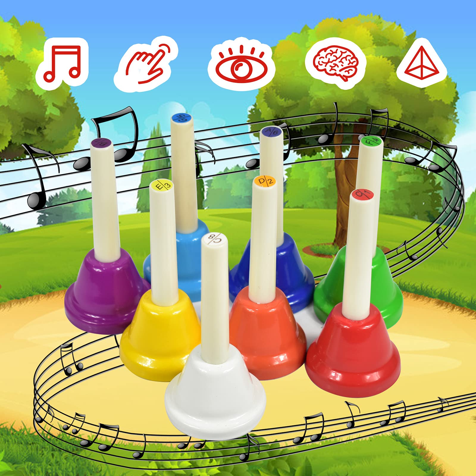 Voodans Mini Hand Bell Set 8 Note Metal Handbells Set Colorful Diatonic Musical Bells for School Church Wedding