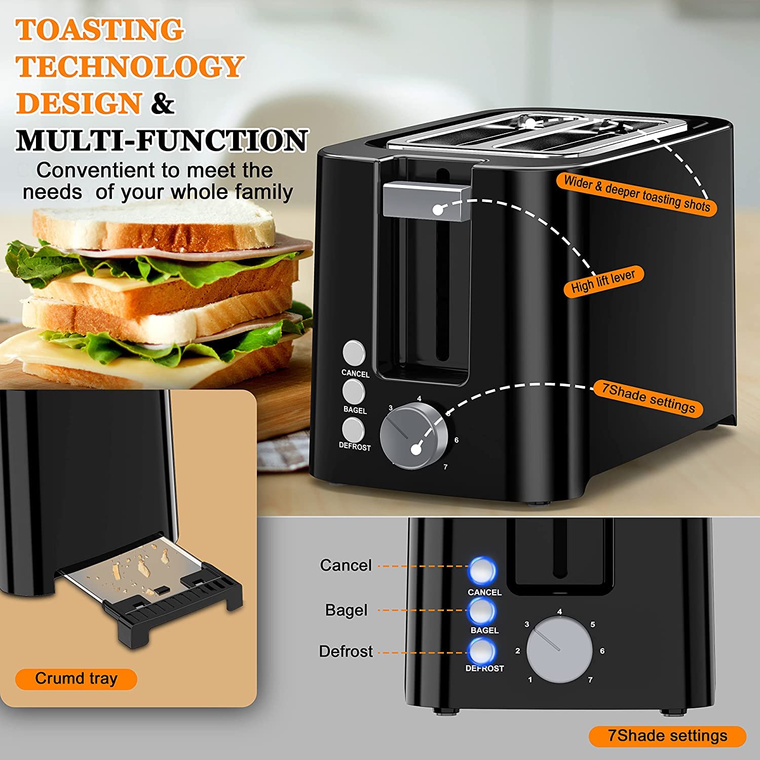 Toaster 2 Slice - Black Best Rated Prime Wide Slot Toasters the for Bagel Bread Waffle Two with 7 Shade Settings & Removable Crumb Tray