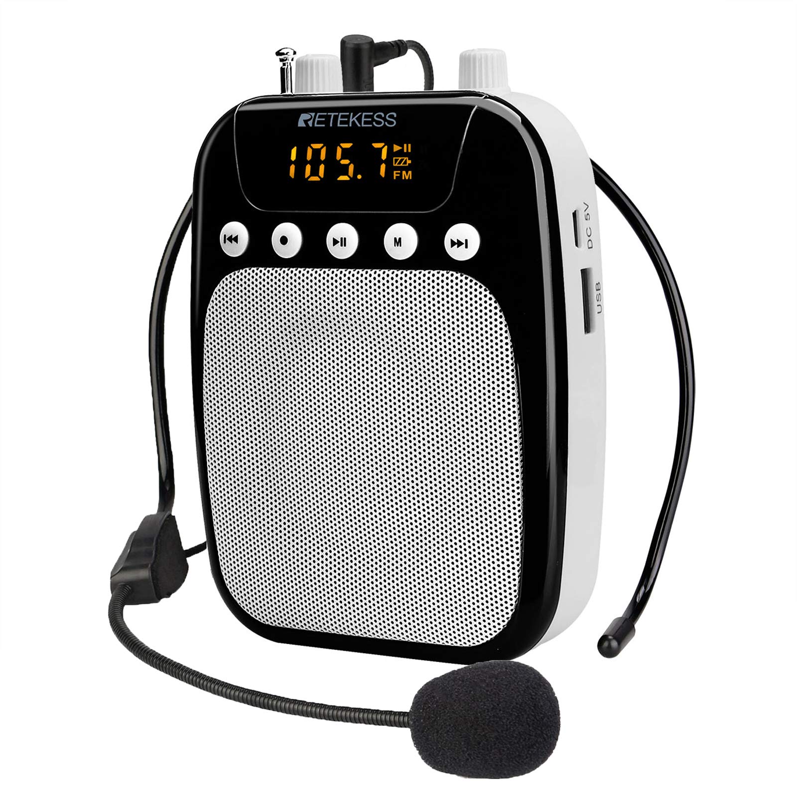 Retekess TR623 Voice Amplifier Microphone Headset, Portable PA System Speaker, Portable Voice Amplifier with Recording, AUX, FM Radio for Teachers, Singing, Coaches, Training, Tour Guide
