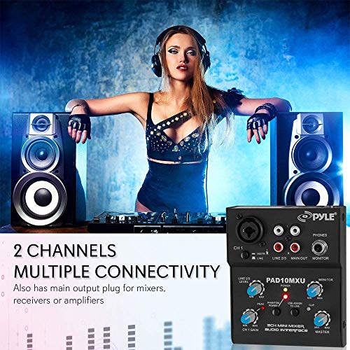 Pyle 2-Channel Audio Mixer - DJ Sound Controller Interface with USB Soundcard for PC Recording, XLR and 3.5mm Microphone Jack, 18V Power (Renewed)