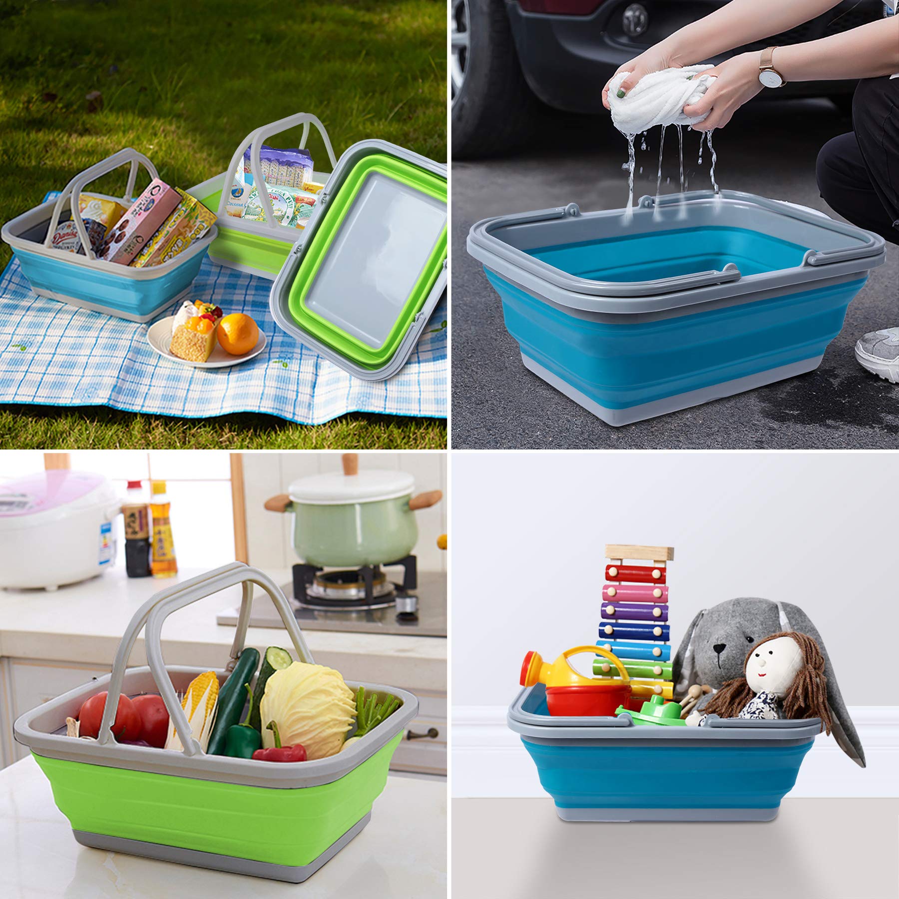 Playinyard 2 Pack Collapsible Camping Sink, 2.37Gal/9L Portable Wash Basin with Handle for Camping Hiking and Home, Green and Blue