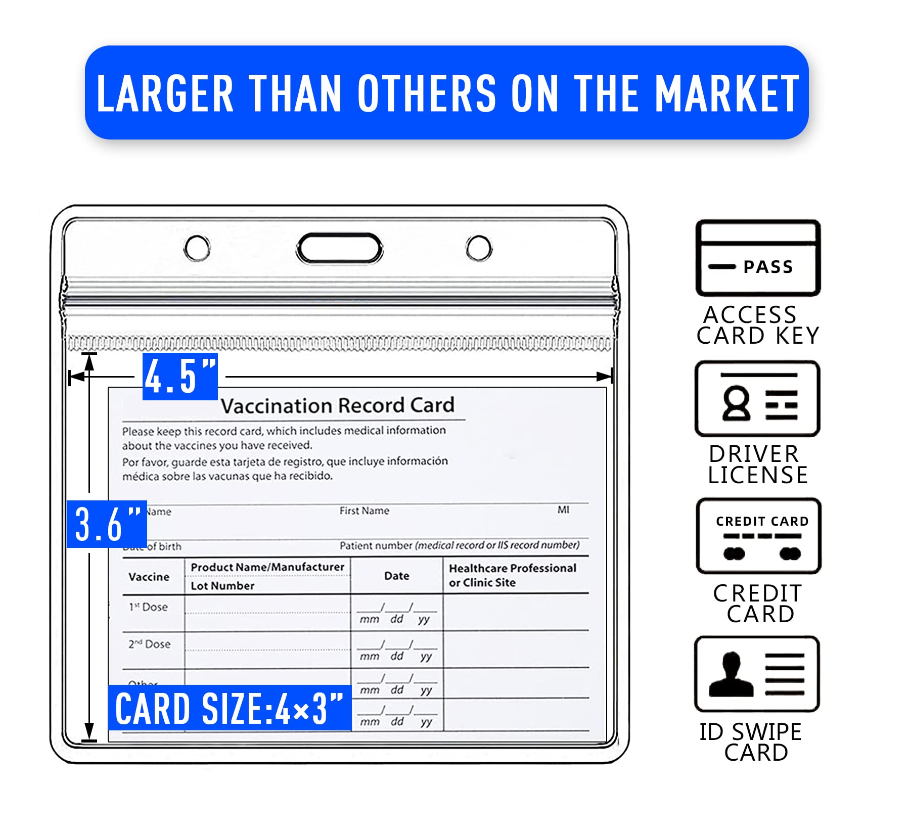 Waterproof Vaccination Card Protector - Plastic ID Holder for Vax Card - Clear Plastic Card Sleeves with Hole Slots for Lanyards - Vax Document Holders with Resealable Zip, PVC - 4.5"x3.6" (10 Pack)
